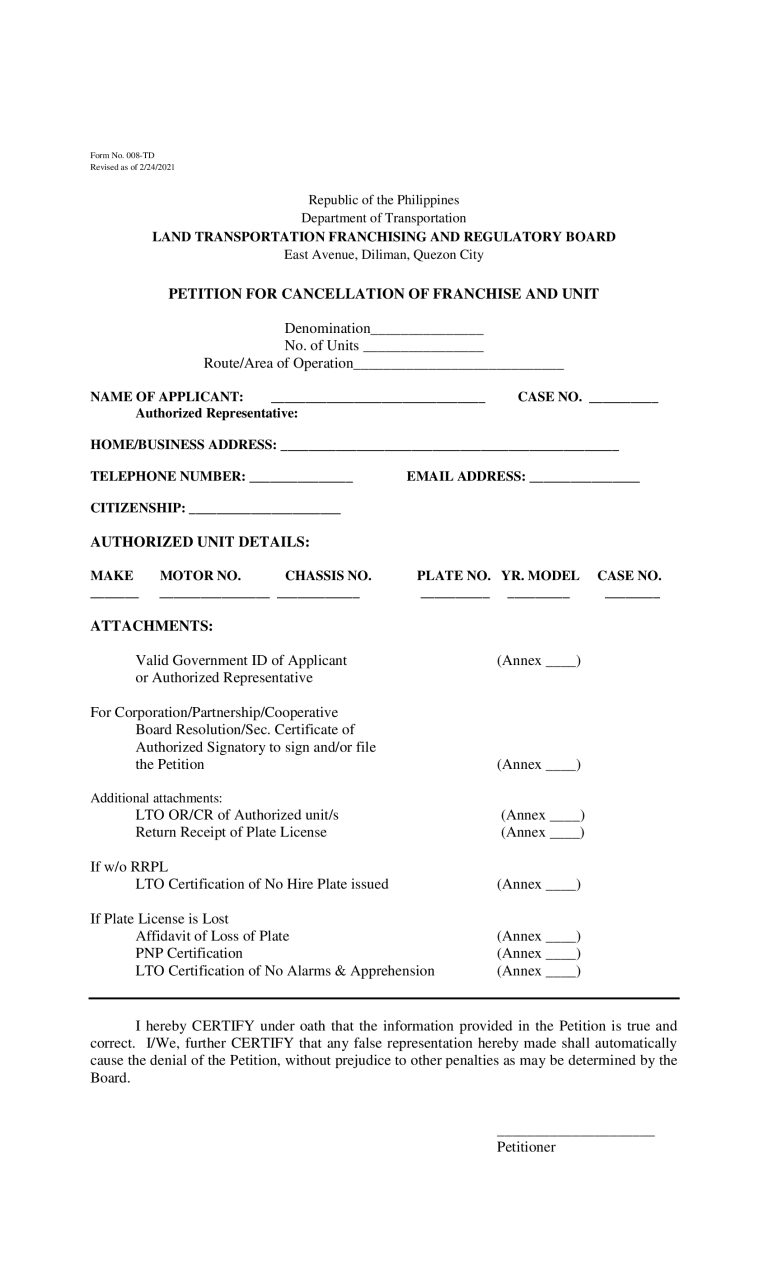 Petition For Cancellation of LTFRB Franchise - LTMS PORTAL PH